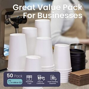 Fit Meal Prep [50 Pack] 16 oz Hot Beverage Disposable White Paper Coffee Cup with Black Dome Lid and Kraft Sleeve Combo, Medium Grande