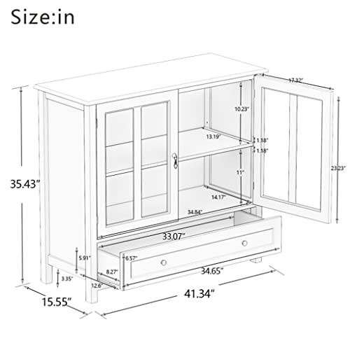 SEASD Storage Cabinet Buffet with 2 Clear Doors and Drawers for Kitchen, Hallway, Living Room, White Dining Room Cabinets.