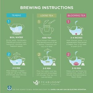 Teabloom Stovetop & Microwave Safe Glass Teapot (40 OZ) with Removable Loose Tea Glass Infuser – Includes 2 Blooming Teas – 2-in-1 Tea Kettle and Tea Maker