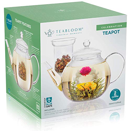 Teabloom Stovetop & Microwave Safe Glass Teapot (40 OZ) with Removable Loose Tea Glass Infuser – Includes 2 Blooming Teas – 2-in-1 Tea Kettle and Tea Maker