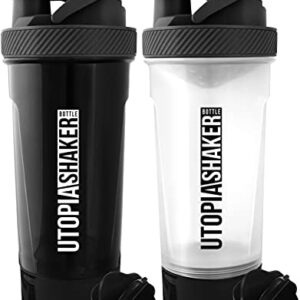 Utopia Home 2-Pack Shaker Bottle - 24 Ounce Protein Shaker Bottle for Pre & Post workout drinks - Classic Protein Mixer Shaker Bottle with Twist and Lock Protein Box Storage(All Black & Clear/Black)