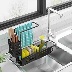 Telescopic Sink Storage Rack, Chopstick Holder, Rustproof Adjustable Kitchen Bath Organizers, for Kitchen Sponge, Sink Plug, Brush, Rag,Black