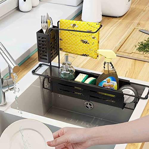 Telescopic Sink Storage Rack, Chopstick Holder, Rustproof Adjustable Kitchen Bath Organizers, for Kitchen Sponge, Sink Plug, Brush, Rag,Black