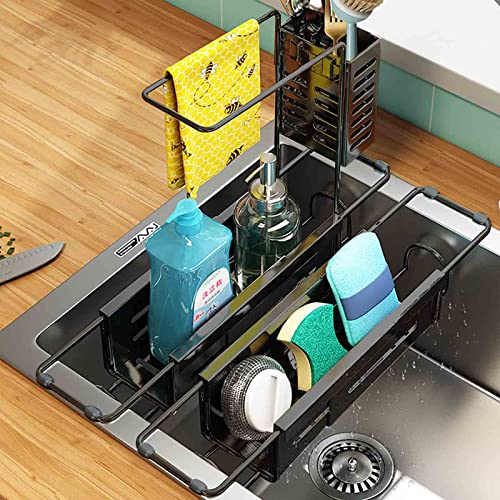 Telescopic Sink Storage Rack, Chopstick Holder, Rustproof Adjustable Kitchen Bath Organizers, for Kitchen Sponge, Sink Plug, Brush, Rag,Black