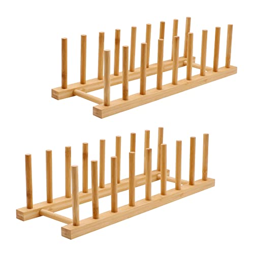 MOAMUN 2 Pack Bamboo Dish Drying Rack Plate Rack Stand Pot Lid Holder Cabinet Dish Organizer Rack Drainer Storage Holder for Dish Bowl, Cup, Cutting Board and More