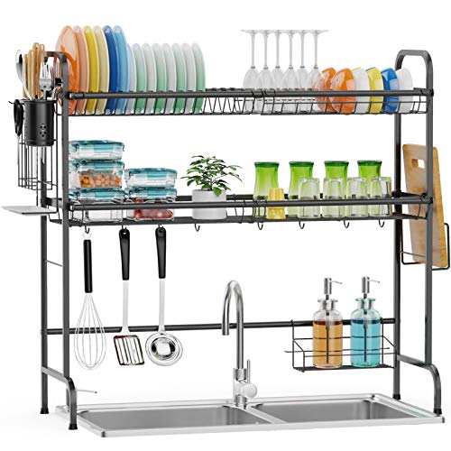 PACKISM Over The Sink Dish Drying Rack, 2 Tier Stainless Steel Over Sink Rack, Kitchen Over The Sink Shelf with Durable Dish Drainer, Large Dish Rack Over Sink for Kitchen Counter, Black