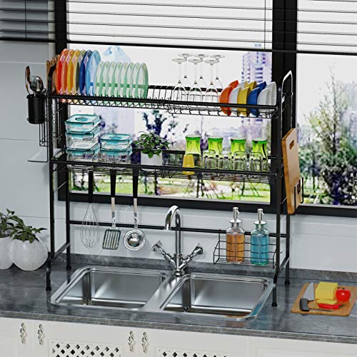 PACKISM Over The Sink Dish Drying Rack, 2 Tier Stainless Steel Over Sink Rack, Kitchen Over The Sink Shelf with Durable Dish Drainer, Large Dish Rack Over Sink for Kitchen Counter, Black