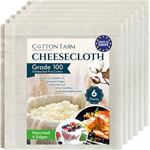 Cotton Farm Cheese Cloths, Grade 100 – 20x20 inch Hemmed, Unbleached, 100% Cotton, Ultra Fine Reusable Muslin Cheesecloth for Straining, Cooking, Baking,