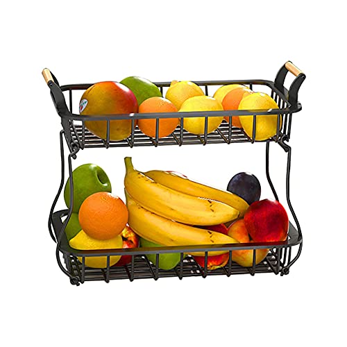 Tngan 2 Tier Fruit Basket Detachable Wire Basket with Wooden Handles Fruit Bread Vegetable Storage Bowl Rack for Kitchen Worktop Dining Table