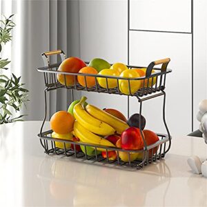 Tngan 2 Tier Fruit Basket Detachable Wire Basket with Wooden Handles Fruit Bread Vegetable Storage Bowl Rack for Kitchen Worktop Dining Table