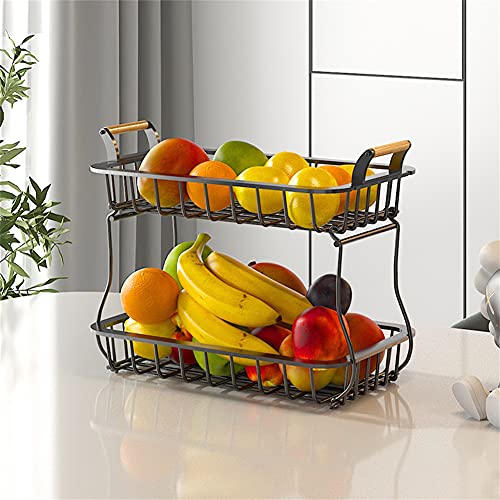 Tngan 2 Tier Fruit Basket Detachable Wire Basket with Wooden Handles Fruit Bread Vegetable Storage Bowl Rack for Kitchen Worktop Dining Table