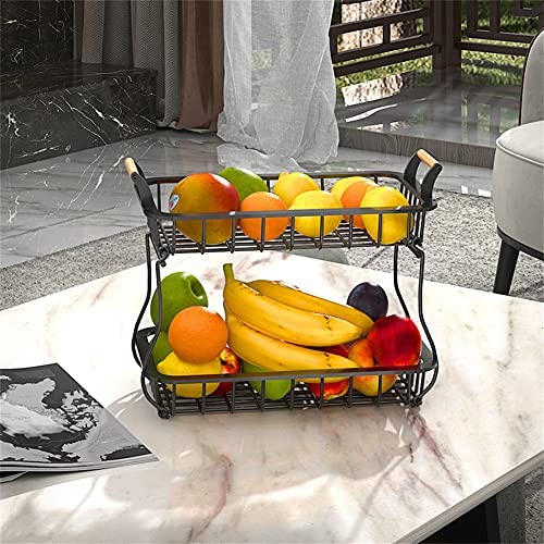 Tngan 2 Tier Fruit Basket Detachable Wire Basket with Wooden Handles Fruit Bread Vegetable Storage Bowl Rack for Kitchen Worktop Dining Table