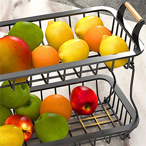 Tngan 2 Tier Fruit Basket Detachable Wire Basket with Wooden Handles Fruit Bread Vegetable Storage Bowl Rack for Kitchen Worktop Dining Table