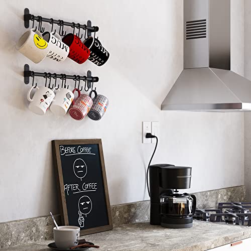 Wallniture Lyon Hanging Pot Rack for Kitchen Organization and Storage, Black Kitchen Utensil Holders with 20 S Hooks for Hanging Pots and Pans Set, 17" Coffee Mug Holder Wall Mount Set of 2