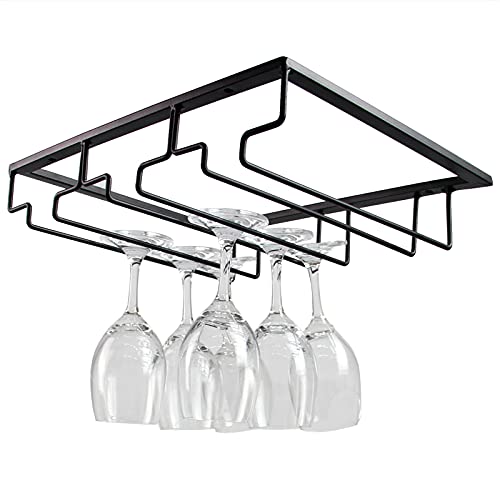 Casaphoria Wine Glass Rack Under Stand Inserts for Cabinet Shelf Countertop No Drill Bar Glass Holder Wall Mounted Stemware for Bar Metal Organizer Black