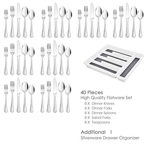 40-Piece Silverware Set with Drawer Organizer Tray, HaWare Stainless Steel Flatware Cutlery Utensils, Timeless and Elegant Design for Home Hotel Wedding, Mirror Polished and Dishwasher Safe