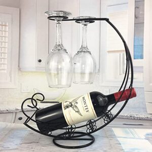 Homya Tabletop Metal Wine Bottle Rack Elevated Vertical Countertop Wine Glass Display Organizer, Dining Table Offers Wine Glasses as Gifts, Holds 1 Bottle 2 Glasses, Plating Craft Black