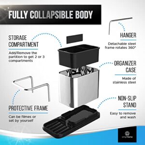 Simpl Home Kitchen Sink Organizer Set - Stainless Steel Sponge Holder Includes Soap Dispenser, Dish Scrubber with 4 Brush Heads Rust-Proof Storage Caddy Hooks Organization Accessories, Black