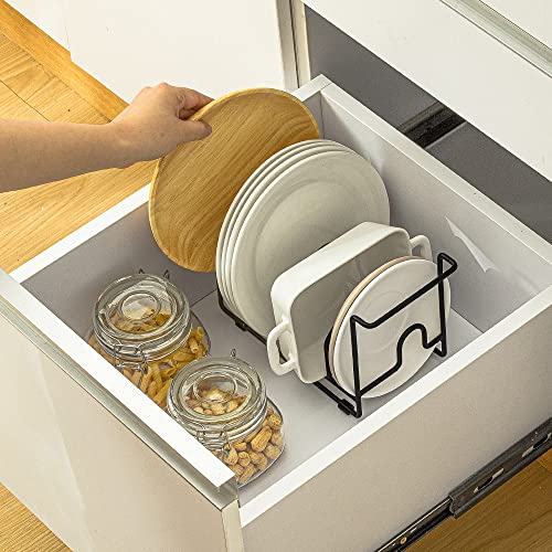 LINFIDITE Plate Holder Organizer Cutting Board Holder pot lid holder Dish Storage Rack Kitchen Cupboard Counter Organiser Stand for Plate Baking Tray Pot Lid Cutting Boards,Premium Steel Black