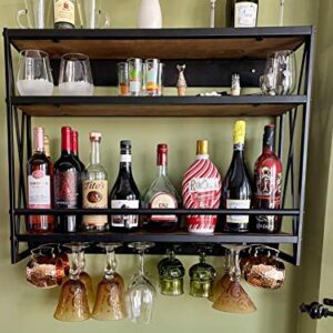 SSS Furniture Industrial Wine Rack Wall Mounted with 8 Stem Wine Glass Holder, 31.5in Hanging Wall Wine Rack Floating Bar Shelves, 3-Tier Wood Shelves Wine Shelf Home Décor Display Rack