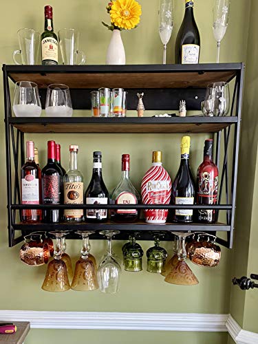 SSS Furniture Industrial Wine Rack Wall Mounted with 8 Stem Wine Glass Holder, 31.5in Hanging Wall Wine Rack Floating Bar Shelves, 3-Tier Wood Shelves Wine Shelf Home Décor Display Rack