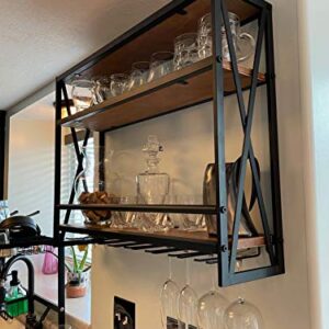 SSS Furniture Industrial Wine Rack Wall Mounted with 8 Stem Wine Glass Holder, 31.5in Hanging Wall Wine Rack Floating Bar Shelves, 3-Tier Wood Shelves Wine Shelf Home Décor Display Rack