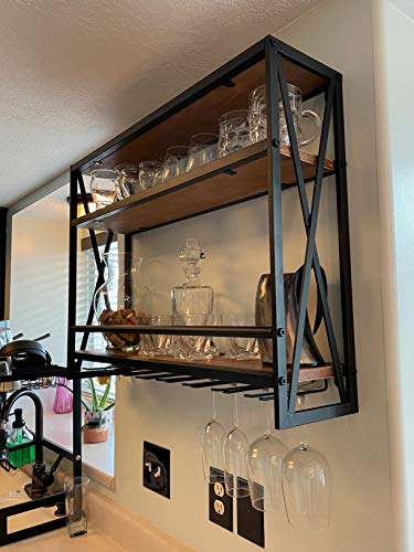 SSS Furniture Industrial Wine Rack Wall Mounted with 8 Stem Wine Glass Holder, 31.5in Hanging Wall Wine Rack Floating Bar Shelves, 3-Tier Wood Shelves Wine Shelf Home Décor Display Rack