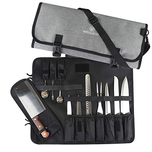 Wessleco Chef Knife Bag(8+ Slots) Roll Up Knife Bag Pouch for Kitchen Utility Tool and Travel Storage (Grey, Pouch Only)