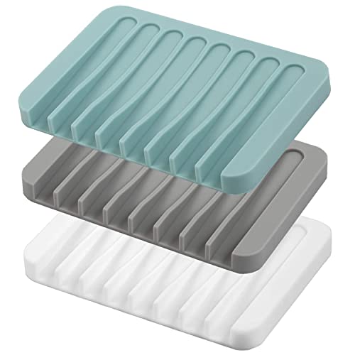 Self Draining Soap Dishes, 3 Pcs Silicone Soap Saver, Waterfall Drainer Soap Holder for Bathroom, Extend Soap Life, Keep Soap Bars Dry Clean & Easy Cleaning ( White, Gray, Teal )