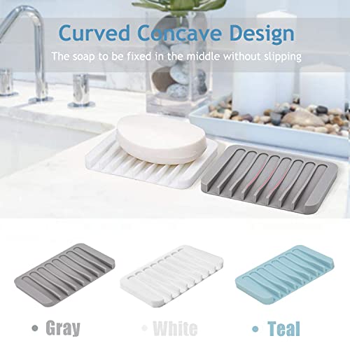 Self Draining Soap Dishes, 3 Pcs Silicone Soap Saver, Waterfall Drainer Soap Holder for Bathroom, Extend Soap Life, Keep Soap Bars Dry Clean & Easy Cleaning ( White, Gray, Teal )