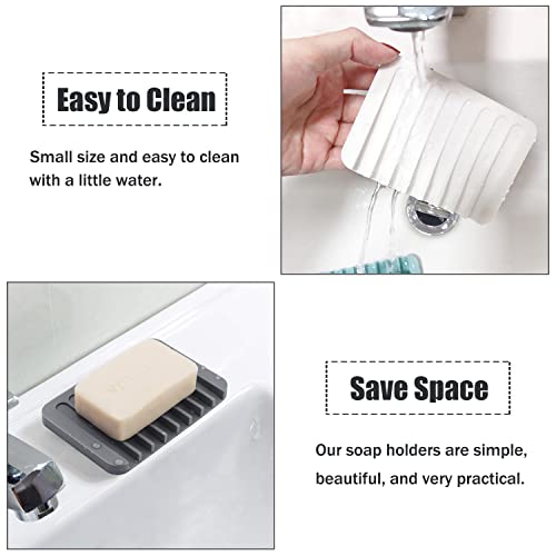 Self Draining Soap Dishes, 3 Pcs Silicone Soap Saver, Waterfall Drainer Soap Holder for Bathroom, Extend Soap Life, Keep Soap Bars Dry Clean & Easy Cleaning ( White, Gray, Teal )