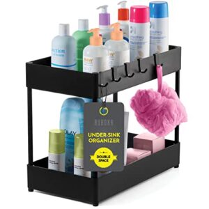 space-saving 2-tier under sink organizer and storage with 6 strong hooks, easy-assemble, under cabinet organizer, durable, big capacity, modern storage baskets for bathroom, kitchen, etc. (black)