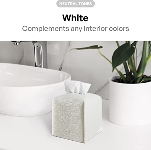 Carrotez Tissue Box Cover, [Refined] Modern PU Leather Square Tissue Box Holder - Decorative Holder/Organizer for Bathroom Vanity Countertop, Night Stands, Office Desk & Car 5"X5"X5" - White