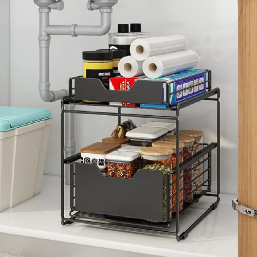 Lexza Pull Out Organizer with 2 Tier Sliding Storage Baskets, Under/Over the Sink Organizers and Storage for Kitchen Bathroom -Idea Home Gift