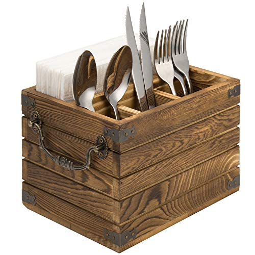 MyGift Rustic Burnt Wood Dining Utensil Holder for Kitchen Counter, Flatware Serving and Napkin Holder Caddy with Antique Metal Wraps and Handles