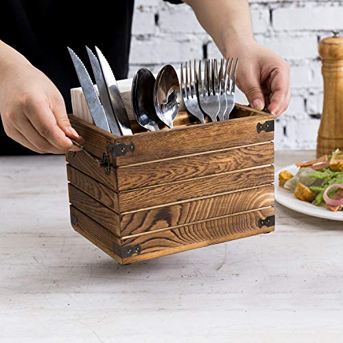 MyGift Rustic Burnt Wood Dining Utensil Holder for Kitchen Counter, Flatware Serving and Napkin Holder Caddy with Antique Metal Wraps and Handles