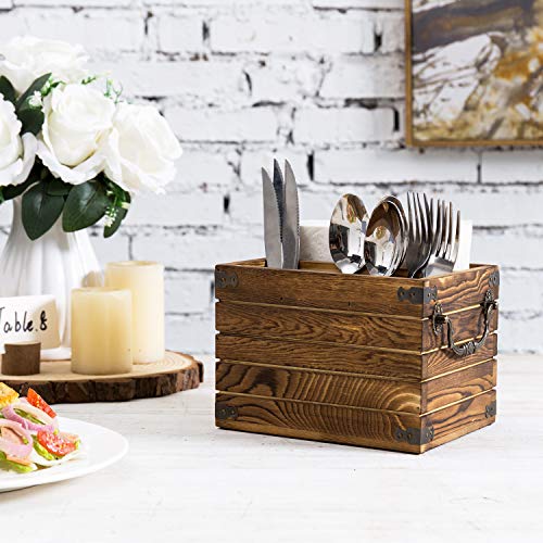 MyGift Rustic Burnt Wood Dining Utensil Holder for Kitchen Counter, Flatware Serving and Napkin Holder Caddy with Antique Metal Wraps and Handles