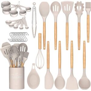 umite chef kitchen cooking utensils set, 33 pcs non-stick silicone cooking kitchen utensils spatula set with holder, wooden handle silicone kitchen gadgets utensil set (khaki)