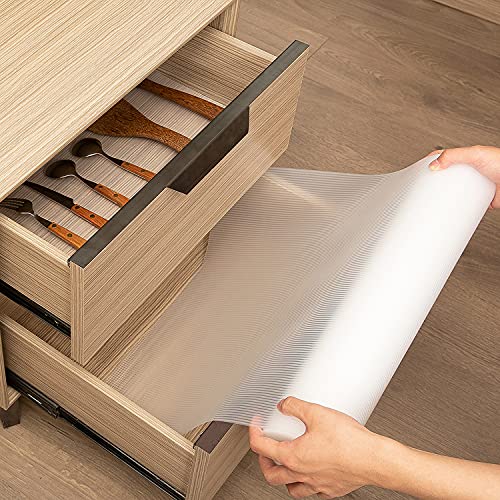 Rxemohesuoh Original Non-Slip Ribbed Drawer and Shelf Liner,Eco-Friendly Materials,Non Adhesive,Powerful Grip,Cuttable and Washable,12INx20FT Roll,for Drawers,Shelves,Cabinets,Tables,Kitchens,Clear