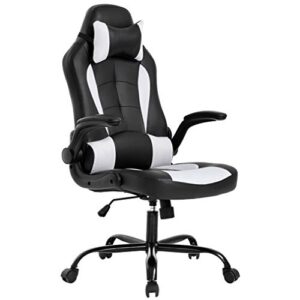 bestoffice pc gaming chair ergonomic office chair desk chair with lumbar support flip up arms headrest pu leather executive high back computer chair for adults women men (white)