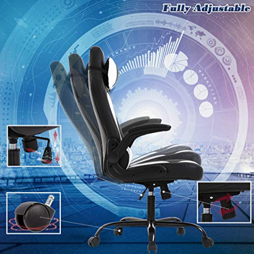 BestOffice PC Gaming Chair Ergonomic Office Chair Desk Chair with Lumbar Support Flip Up Arms Headrest PU Leather Executive High Back Computer Chair for Adults Women Men (White)