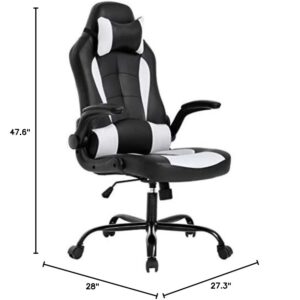 BestOffice PC Gaming Chair Ergonomic Office Chair Desk Chair with Lumbar Support Flip Up Arms Headrest PU Leather Executive High Back Computer Chair for Adults Women Men (White)