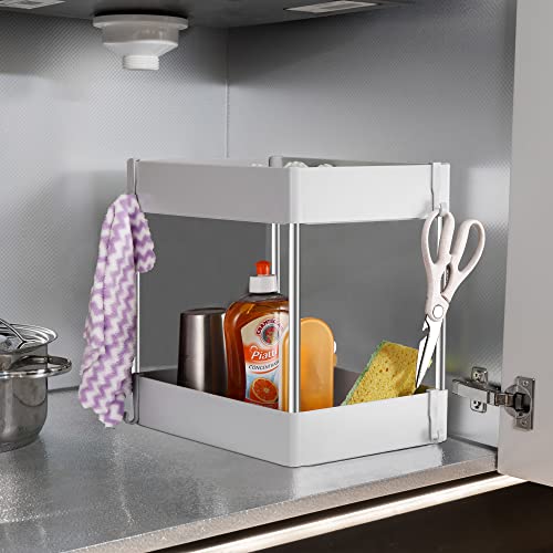 DMTVAL 2 Tier Under Sink Organizer Rack, Under Sink Storage for Bathroom and Kitchen with 4 Hooks and Dust lid, Bathroom Kitchen Multipurpose Under Sink Shelf Organizer (1, Grey)