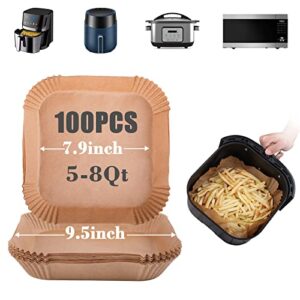 goaus air fryer 100 pcs square paper liners disposable large for 5 to 8 qt basket, 7.9 inch unbleached non-stick oil-proof parchment paper