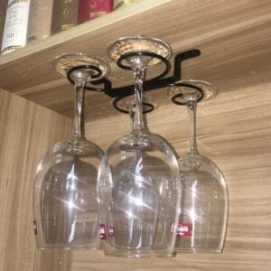 Yunisu Metal Iron Under Cabinet Rack Suspended Hanging Ceiling Wine Glass Rack Stemware Holder Holds Up to 4 Glasses Vintage Style Stainless Steel Wall Wine Holder Stand (Black, One Size)