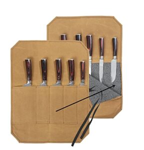 knife cases organizer-durable waxed canvas with cut resistant lining -knife roll 5 pockets (khaki-one)