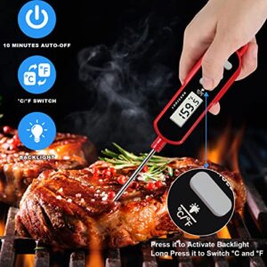 Lonicera Instant Read Digital Meat Thermometer for Cooking Food, Bread Baking, Water and Liquid Temperature, Waterproof and Long Probe for Candy, with Backlit LCD and Magnet (Red)