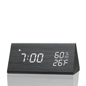 digital alarm clock, with wooden electronic led time display, 3 alarm settings, humidity & temperature detect, wood made electric clocks for bedroom, bedside… (black)