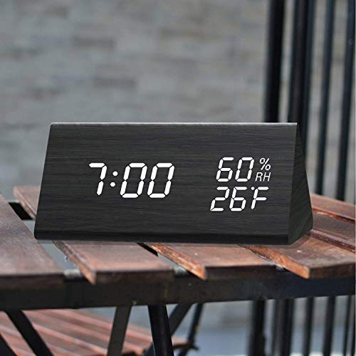 Digital Alarm Clock, with Wooden Electronic LED Time Display, 3 Alarm Settings, Humidity & Temperature Detect, Wood Made Electric Clocks for Bedroom, Bedside… (Black)