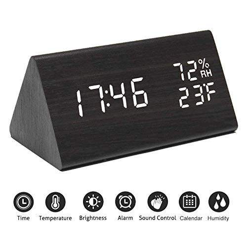 Digital Alarm Clock, with Wooden Electronic LED Time Display, 3 Alarm Settings, Humidity & Temperature Detect, Wood Made Electric Clocks for Bedroom, Bedside… (Black)